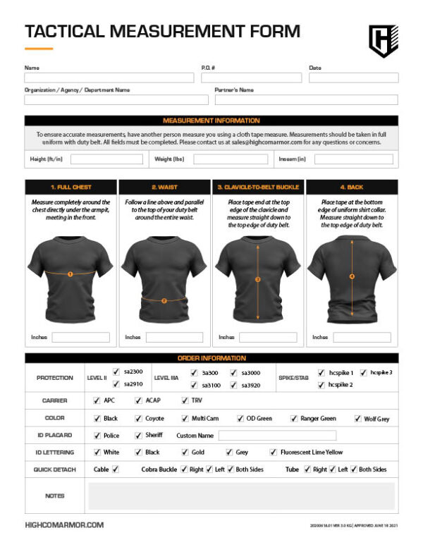 Tactical Measurement Form | HighCom Armor