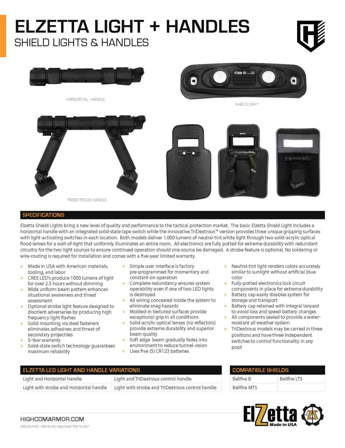 Elzetta Shield Light & Handles Product Spec | HighCom Armor