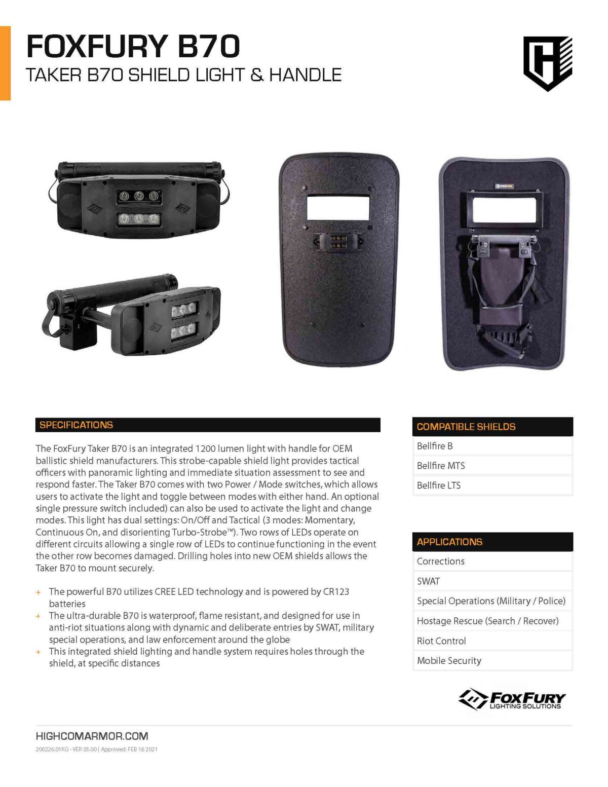 FoxFury B70 Shield Light and Handle Product Spec | HighCom Armor