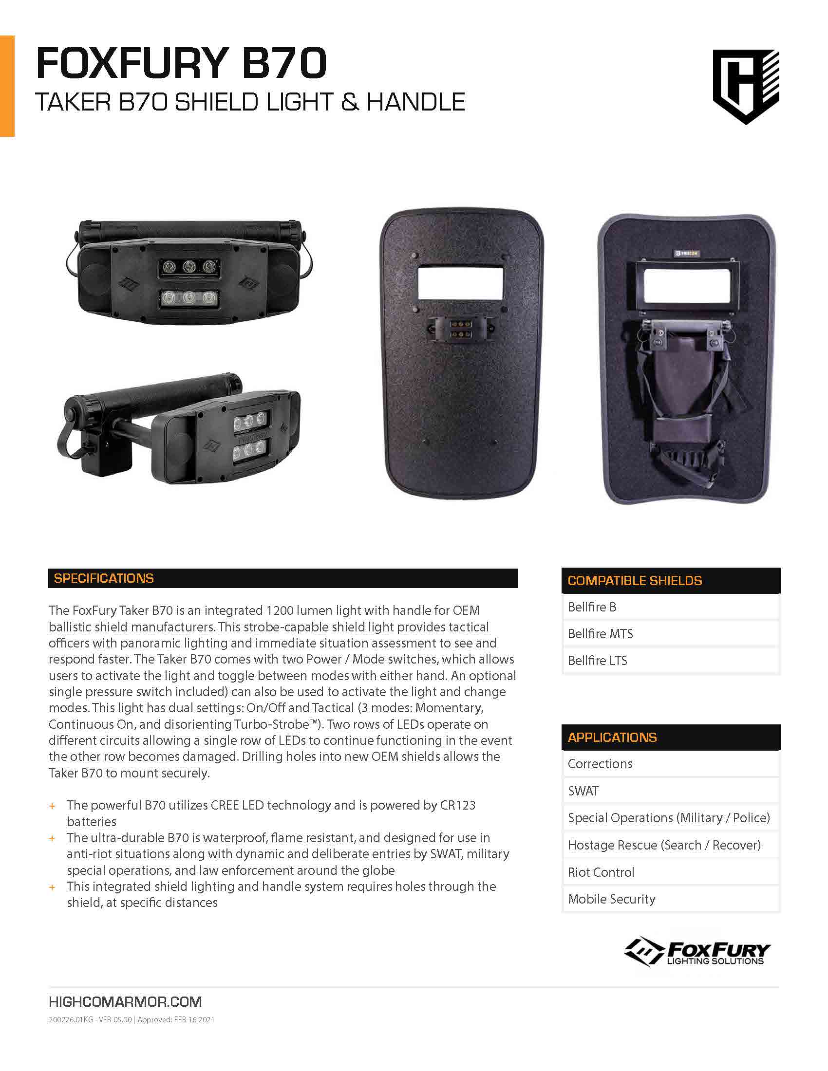 FoxFury Taker B70 Shield Light & Handle | HighCom Armor