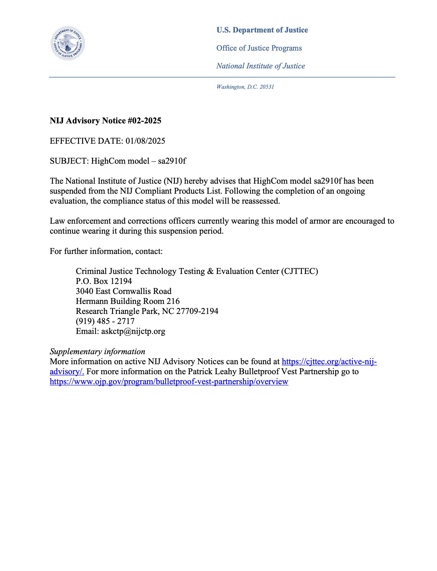 NIJ-Advisory-Notice-02-2025-HighCom-sa2910f-FIT-2024-01-22 | HighCom Armor